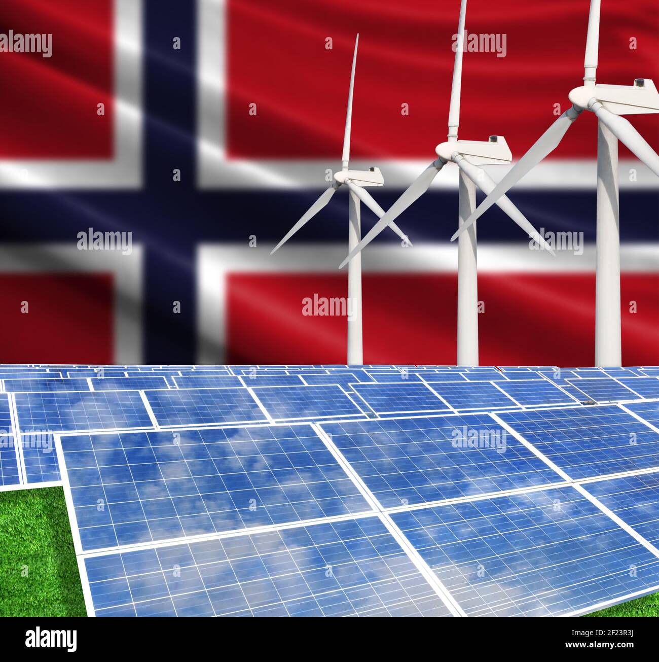 Solar panels on the background with the flag of Norway and Wind Turbine ...