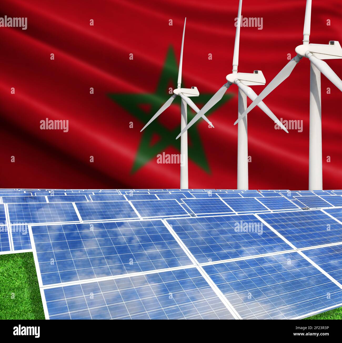 Solar panels on the background with the flag of Morocco and Wind ...