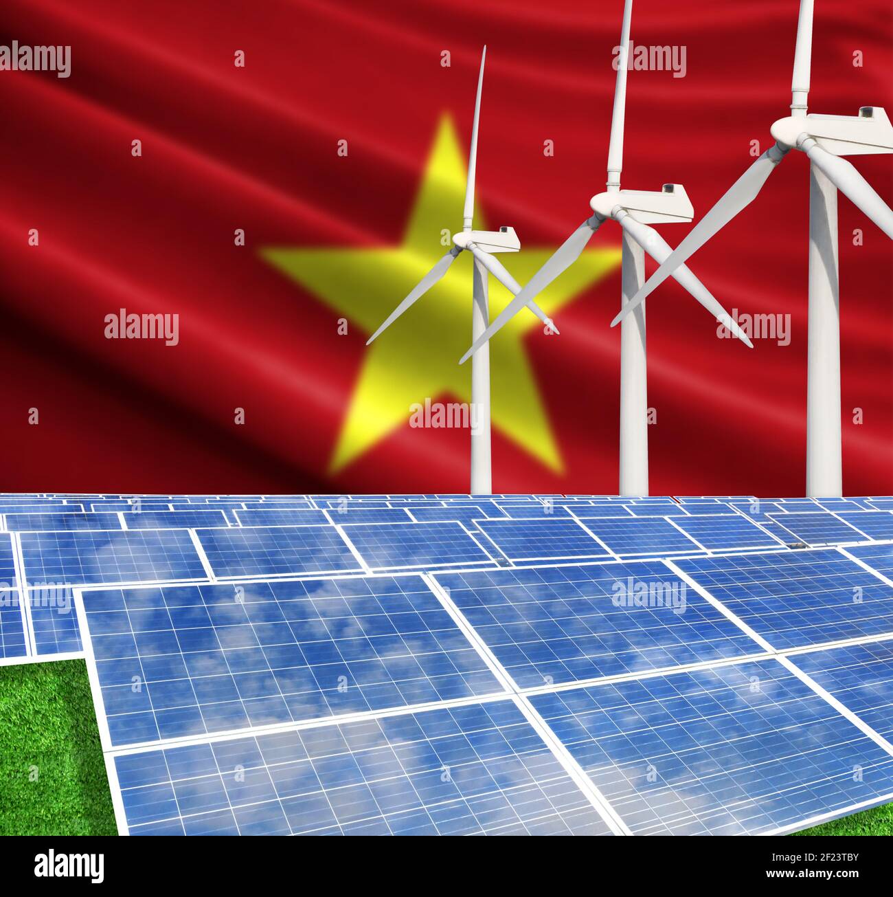 Solar panels on the background with the flag of Vietnam and Wind ...