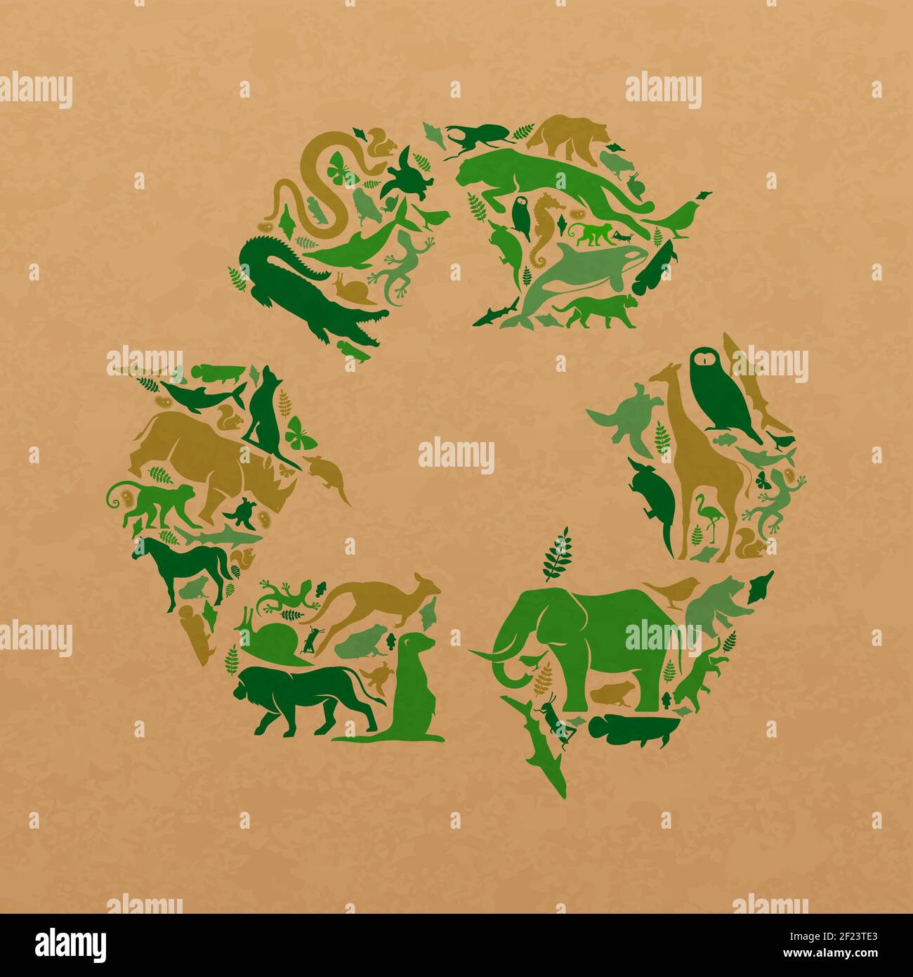Green animal shape icon set illustration on recycled paper texture ...