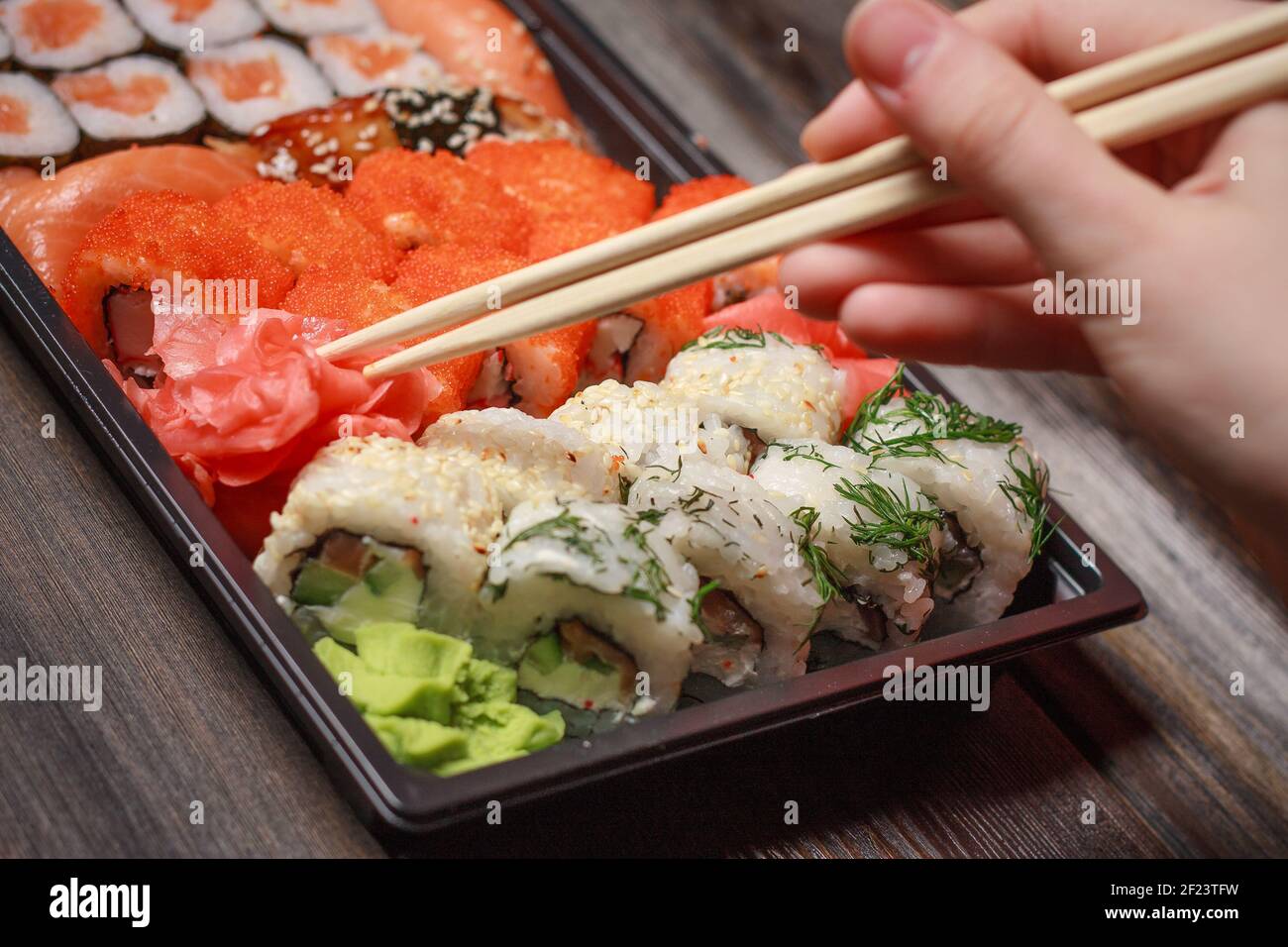 rolls red ginger restaurant delicacy asian cuisine wood background ...