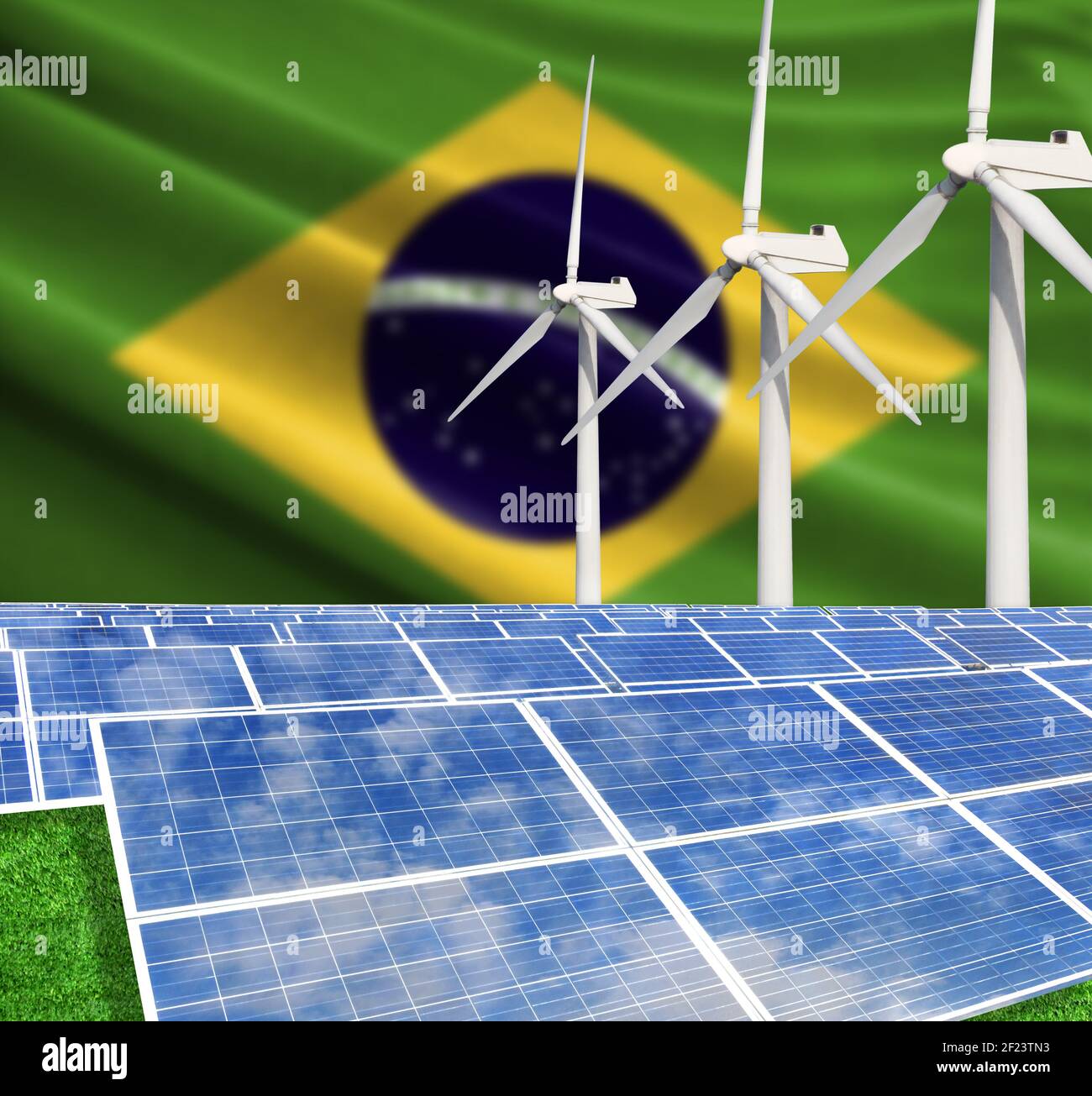 Solar panels on the background with the flag of Brazil and Wind Turbine ...