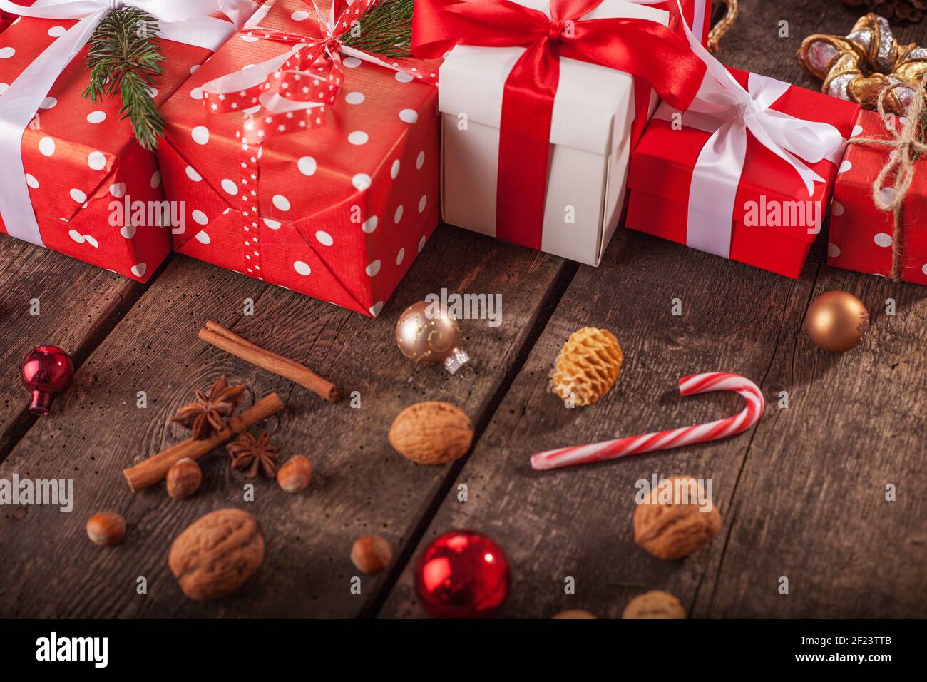 Handmade wrapped christmas gift boxes on celebrate background Stock ...