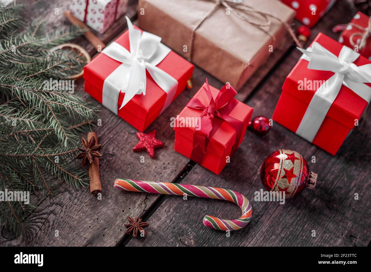 Handmade wrapped christmas gift boxes on celebrate background Stock ...