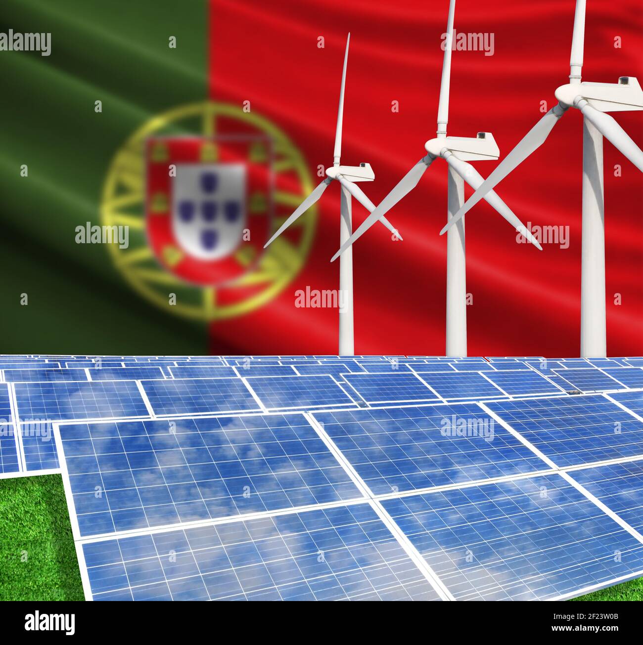 Solar panels on the background with the flag of Portugal and Wind ...