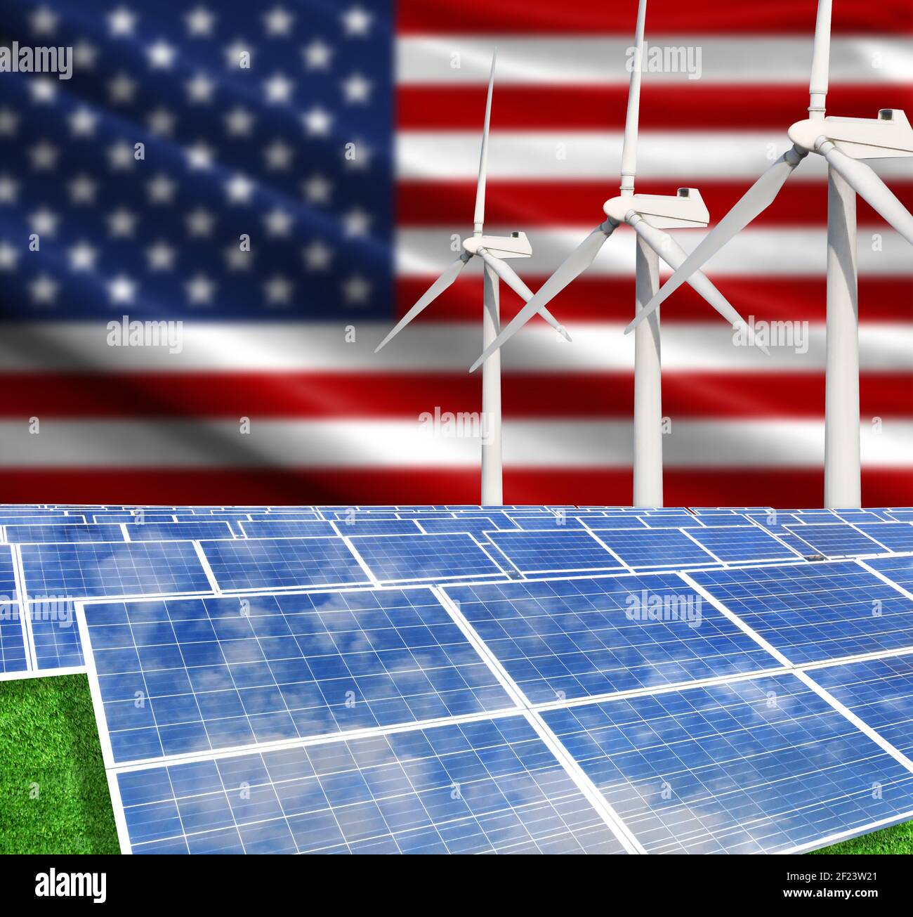 Solar panels on the background with the flag of America and Wind ...
