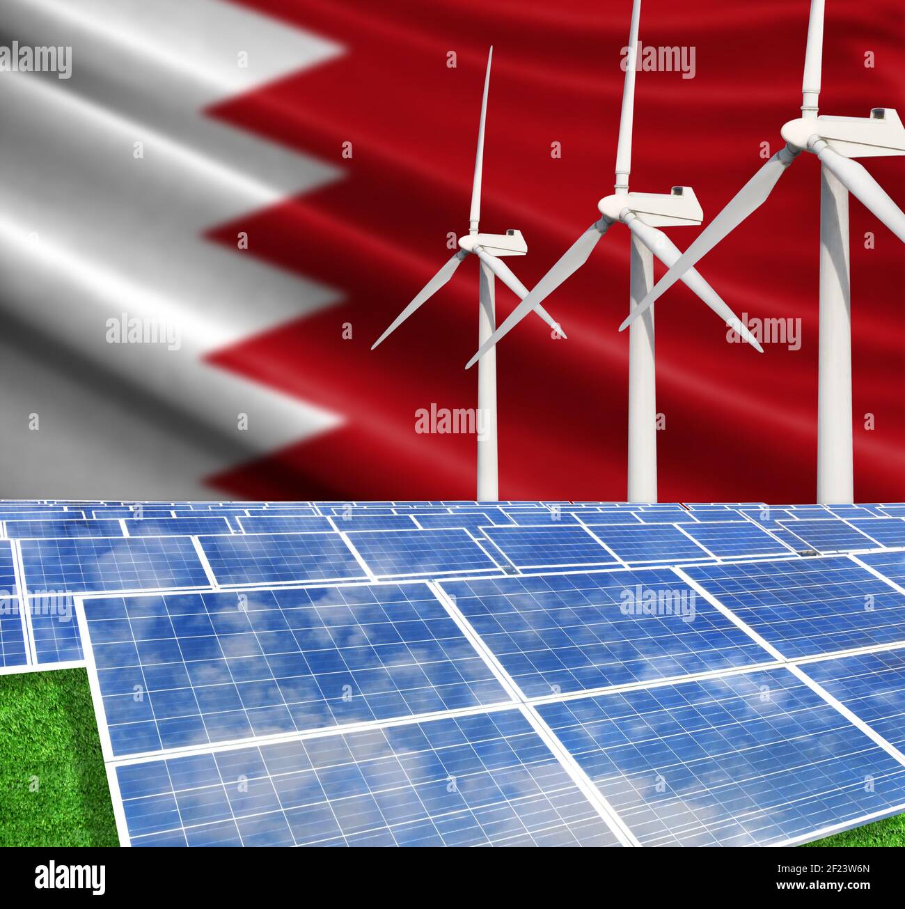 Solar panels on the background with the flag of Bahrain and Wind ...