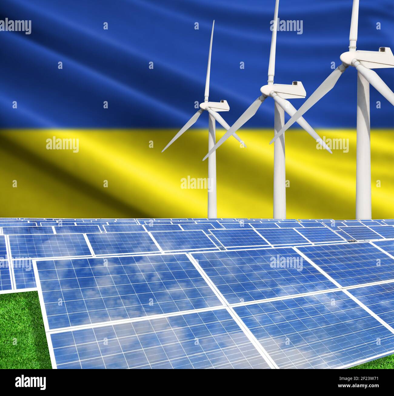 Solar panels on the background with the flag of Ukraine and Wind ...
