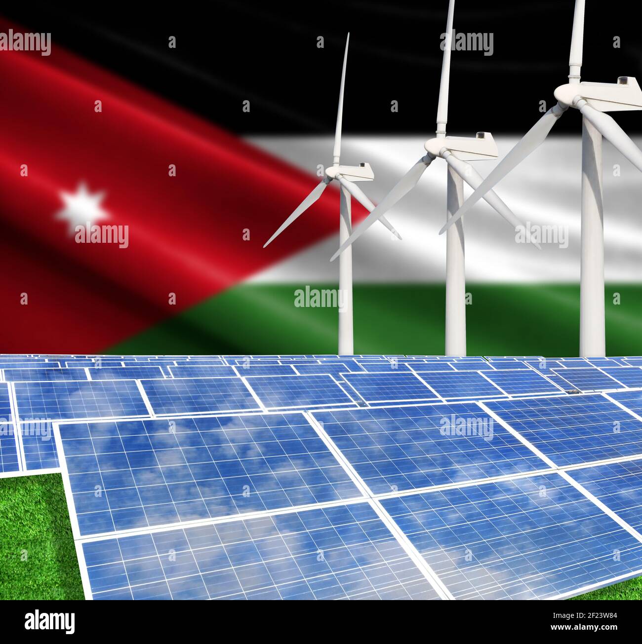 Solar panels on the background with the flag of Jordan and Wind Turbine ...