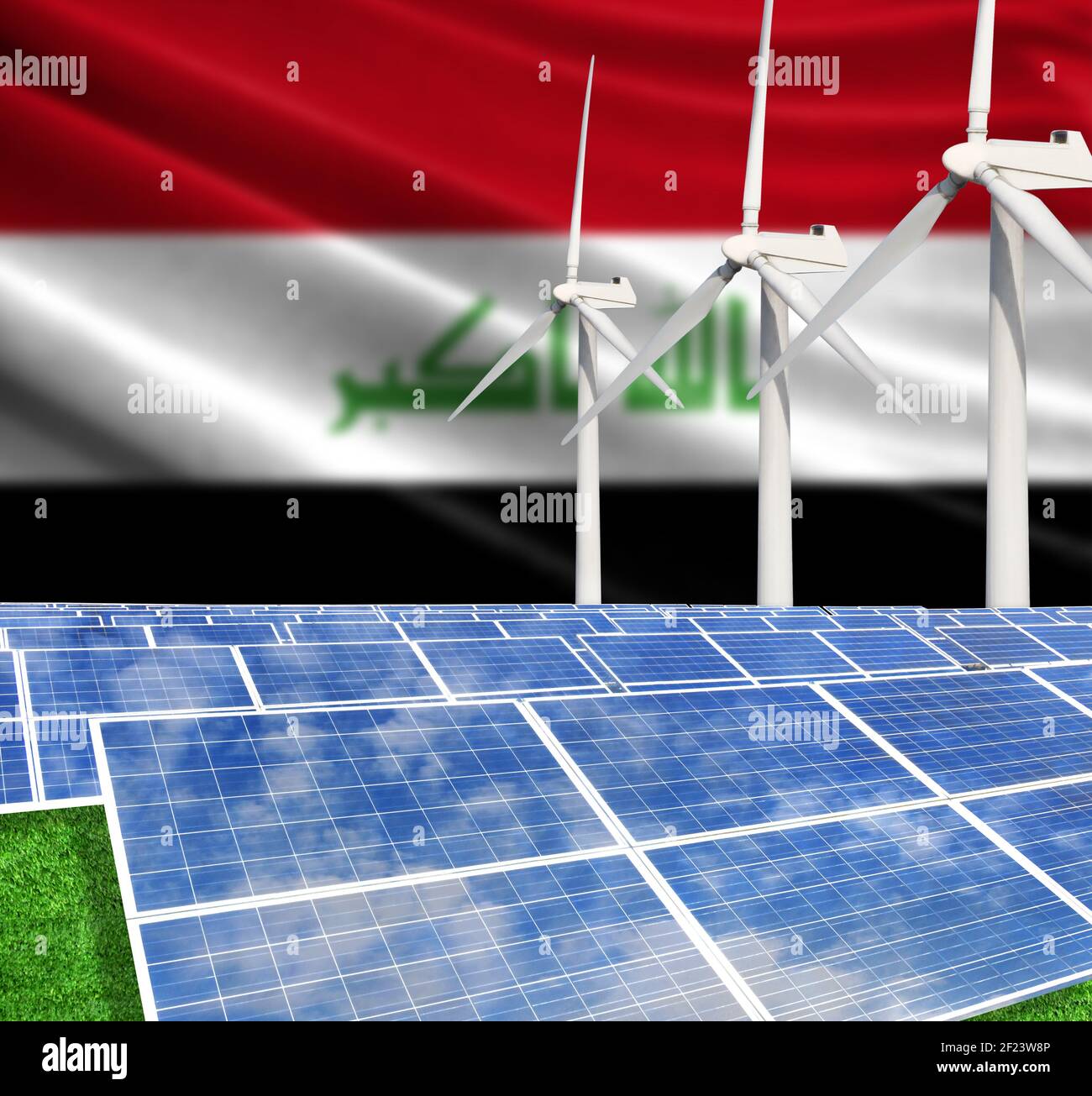 Solar panels on the background with the flag of Iraq and Wind Turbine ...