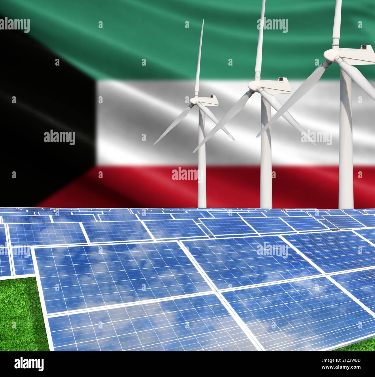 Solar panels on the background with the flag of Kuwait and Wind Turbine ...