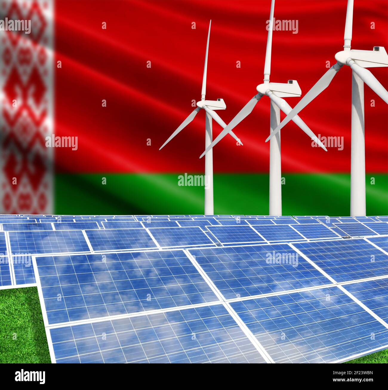 Solar panels on the background with the flag of Belarus and Wind ...