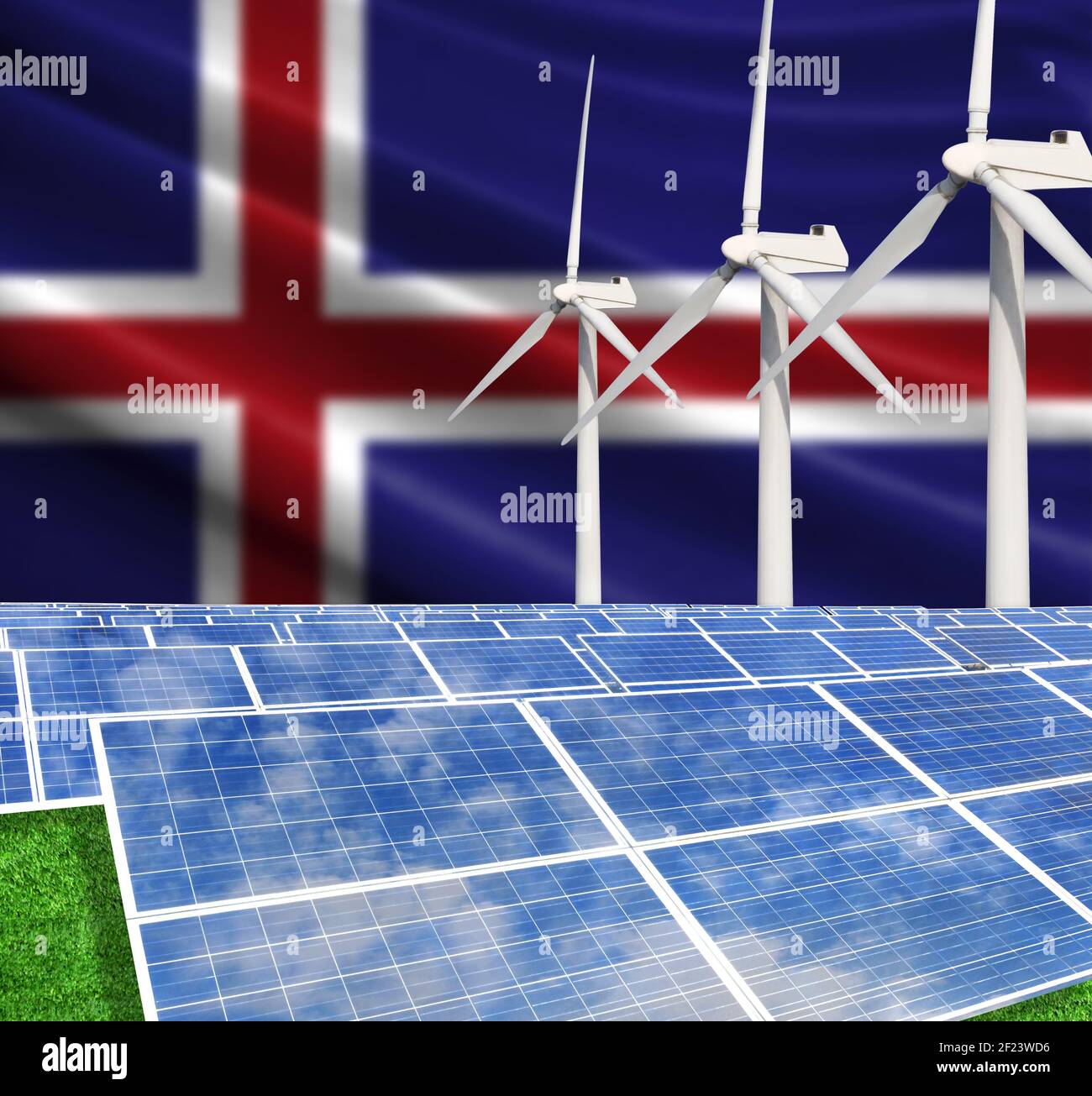 Solar panels on the background with the flag of Iceland and Wind ...