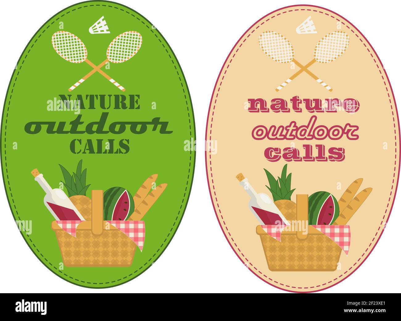 Set of two banners with picnic basket and badminton set drawn in flat ...
