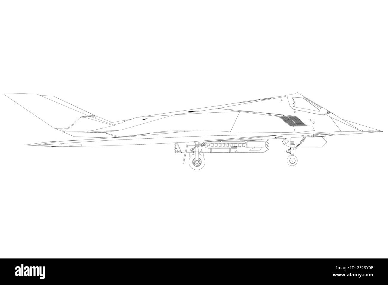 Contour of a modern fighter jet from black lines on a white background ...