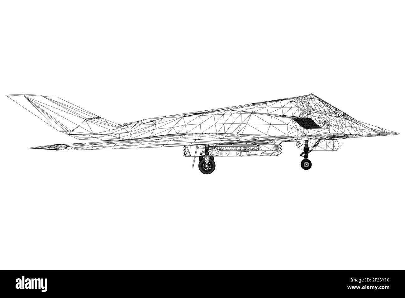 Wireframe of a modern fighter jet from black lines on a white background. Side view. 3D. Vector ...