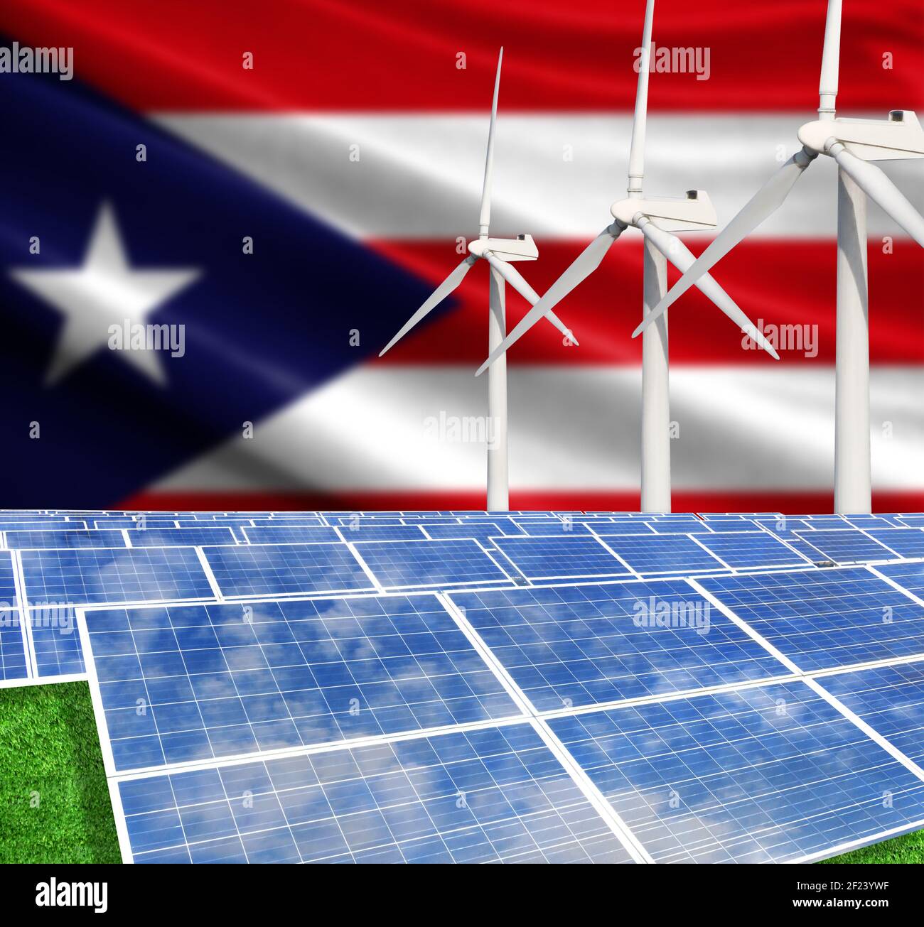 Solar panels on the background with the flag of Puerto Rico and Wind ...