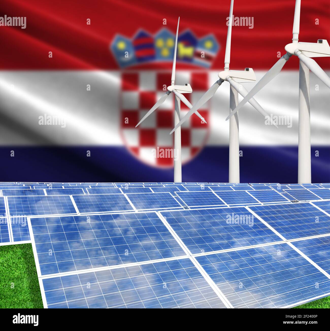 Solar panels on the background with the flag of Croatia and Wind ...