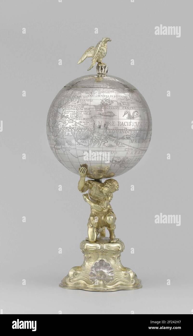 A kneeling Julius Caesar carries a terrestrial globe on his right ...
