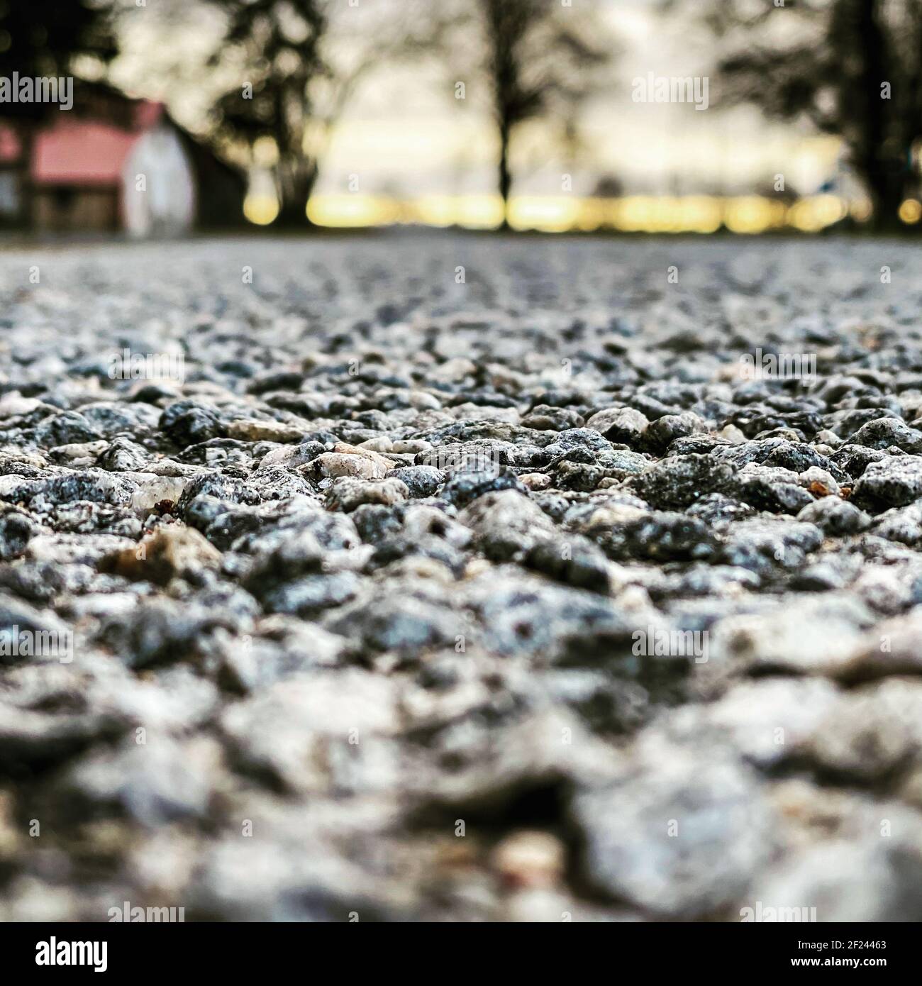 Close-up macro asphalt road texture in an orange summer evening sunset ...