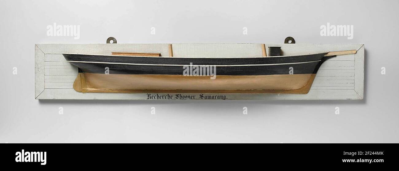 Half Model of a Schooner.Polychromed block model (starboard) of a two ...