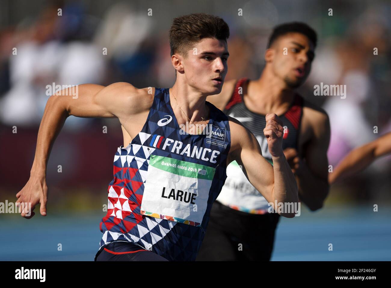 Aurelien Larue competes in men's 200m during the Youth Olympic Games at ...