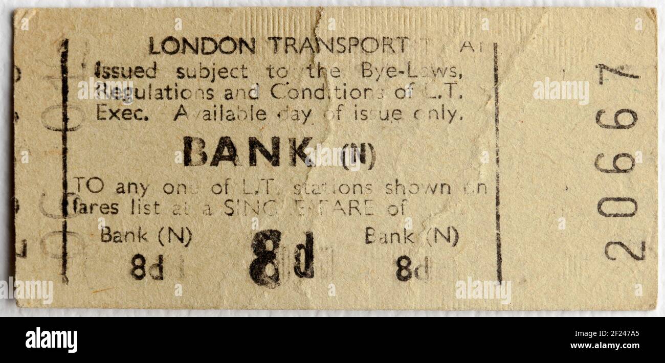Old London Transport Underground or Tube Ticket from Bank Station Stock ...
