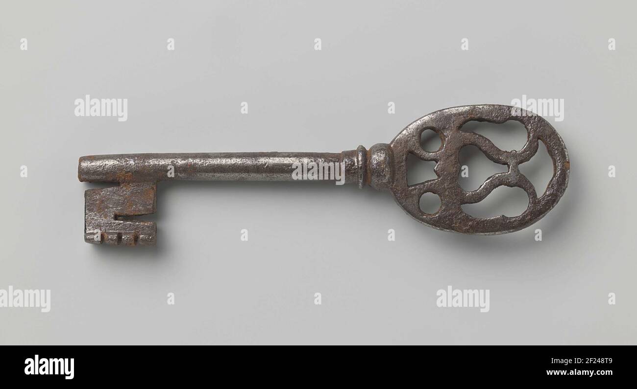 Pijpsleutel.Pipe key with a flat oval handle, caught in a bullet that ...