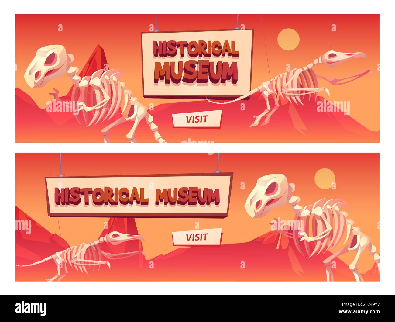 Historical museum cartoon web banner with dinosaur skeletons and visit ...