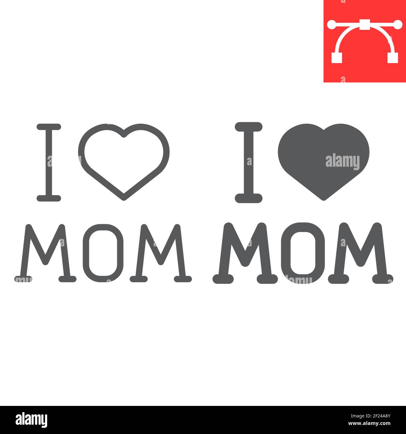 I love mom letters with heart line and glyph icon, mother and text ...