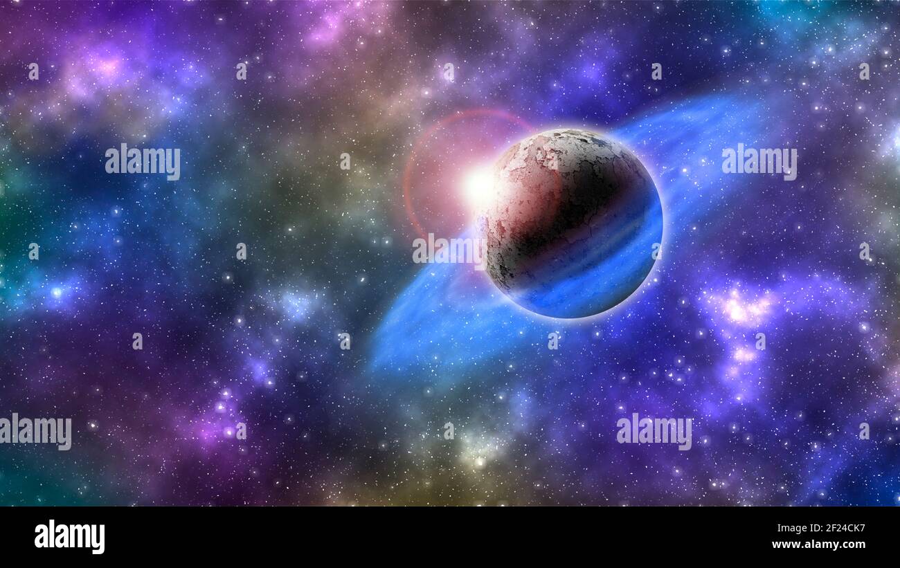 abstract planet with rings in colorful galaxy Stock Photo - Alamy