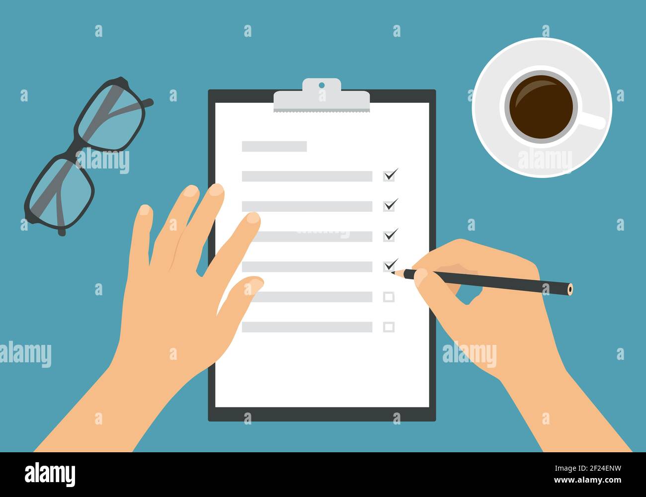 Flat design illustration of a woman's or man's hand filling out a task ...