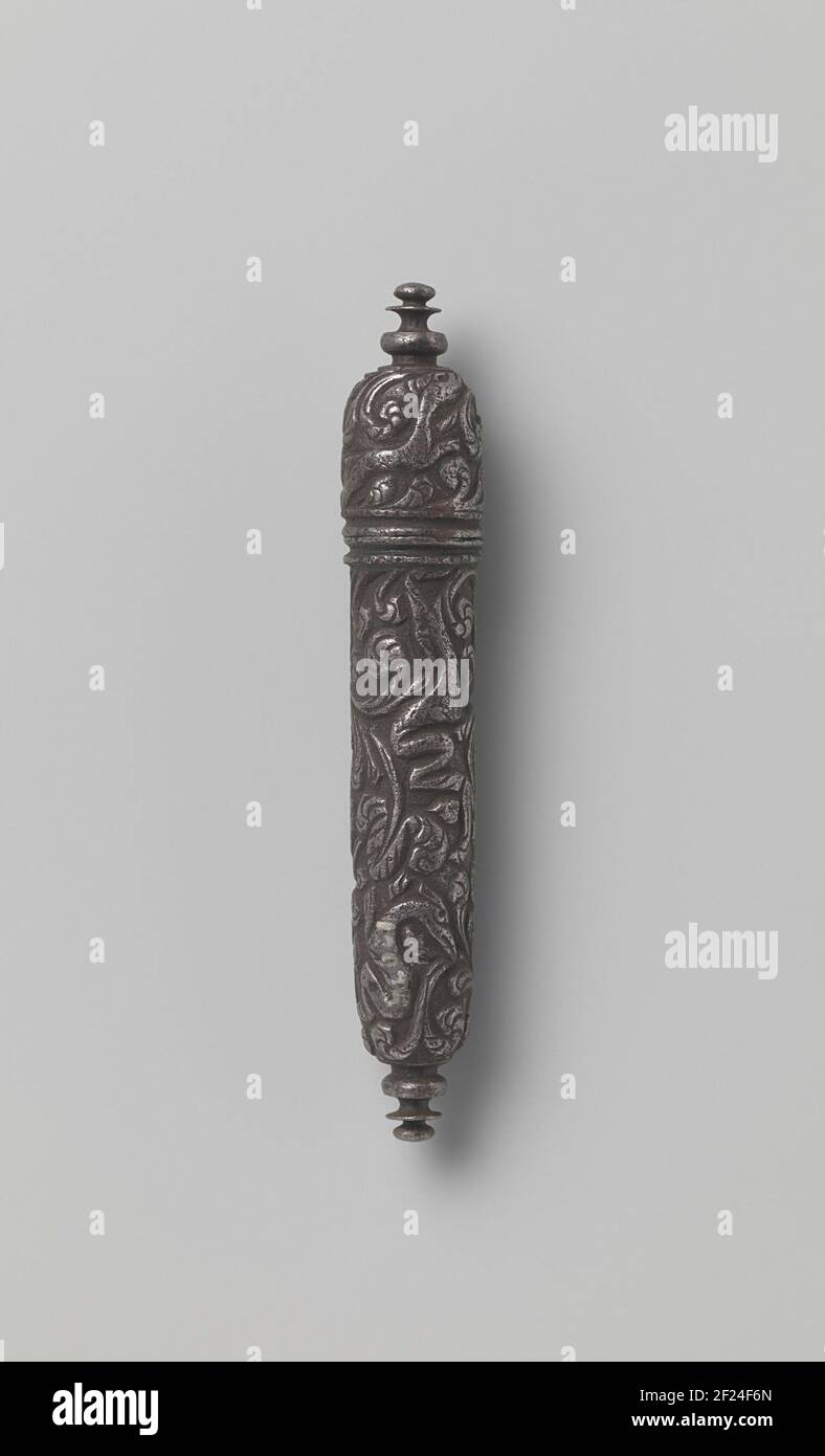 Koker.A forged iron round needle cooker with screw-on lid, decorated by ...