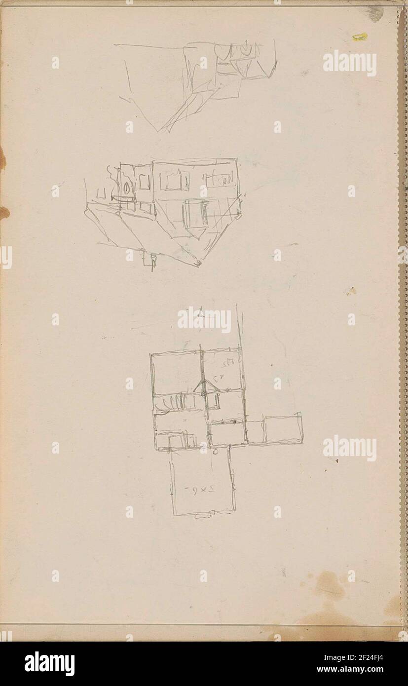 Side views and a map of a detached house.Leaf 8 verso from a sketchbook ...