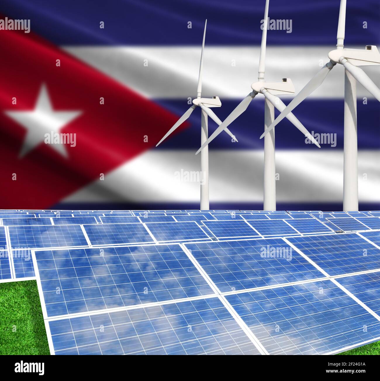 Solar panels on the background with the flag of Cuba and Wind Turbine ...