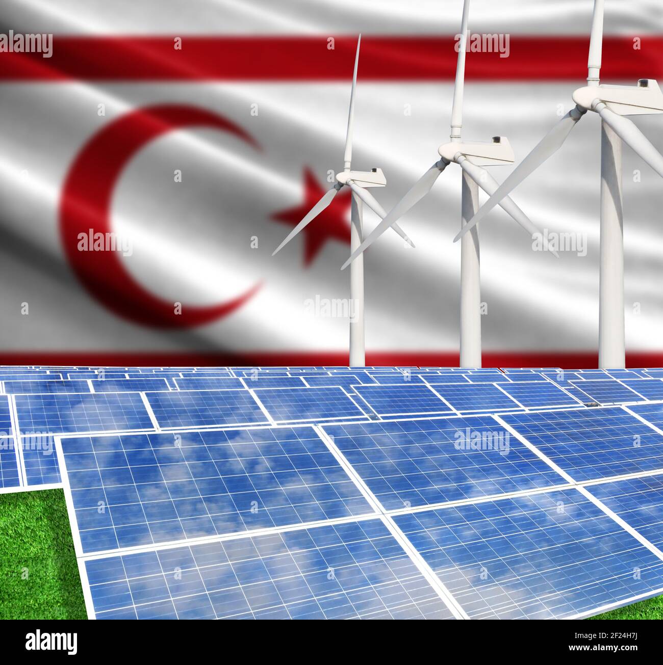 Solar panels on the background with the flag of Turkish Republic of ...
