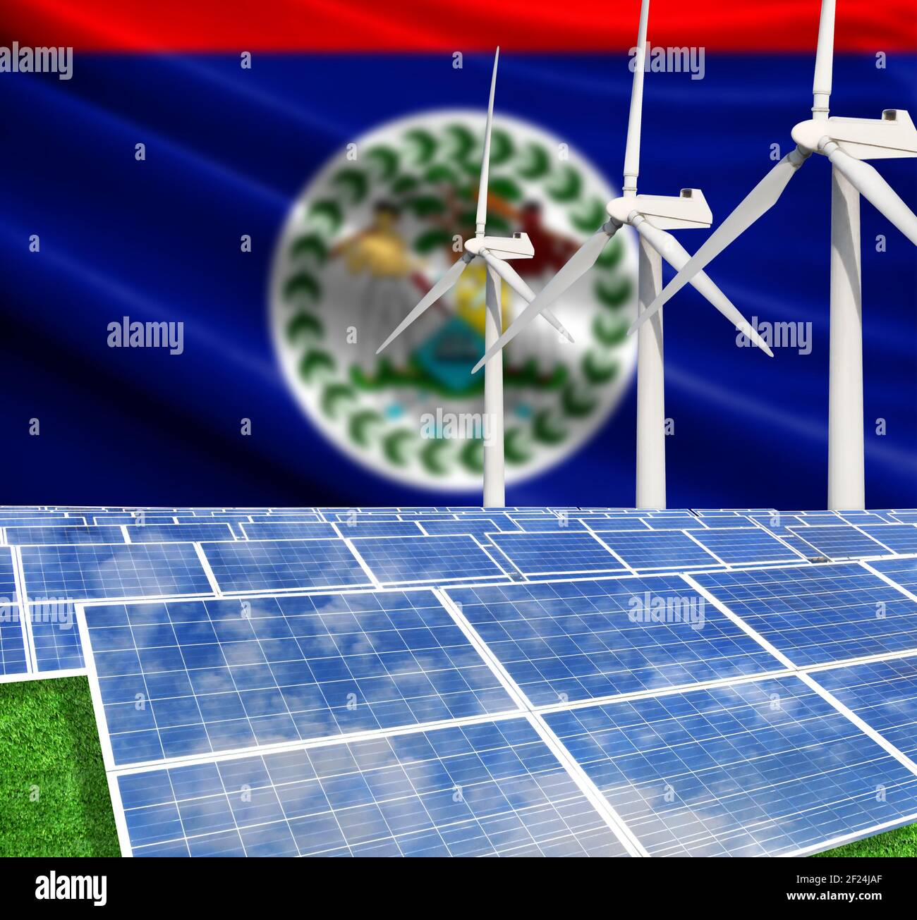Solar panels on the background with the flag of Belize and Wind Turbine ...