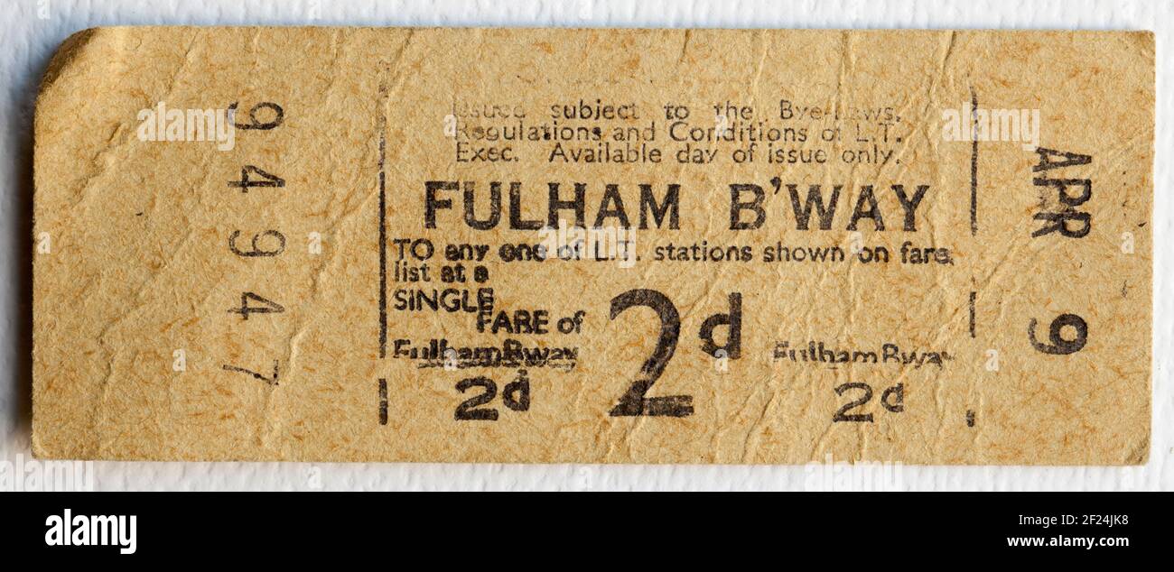 Old London Transport Underground or Tube Ticket from Fulham Broadway ...