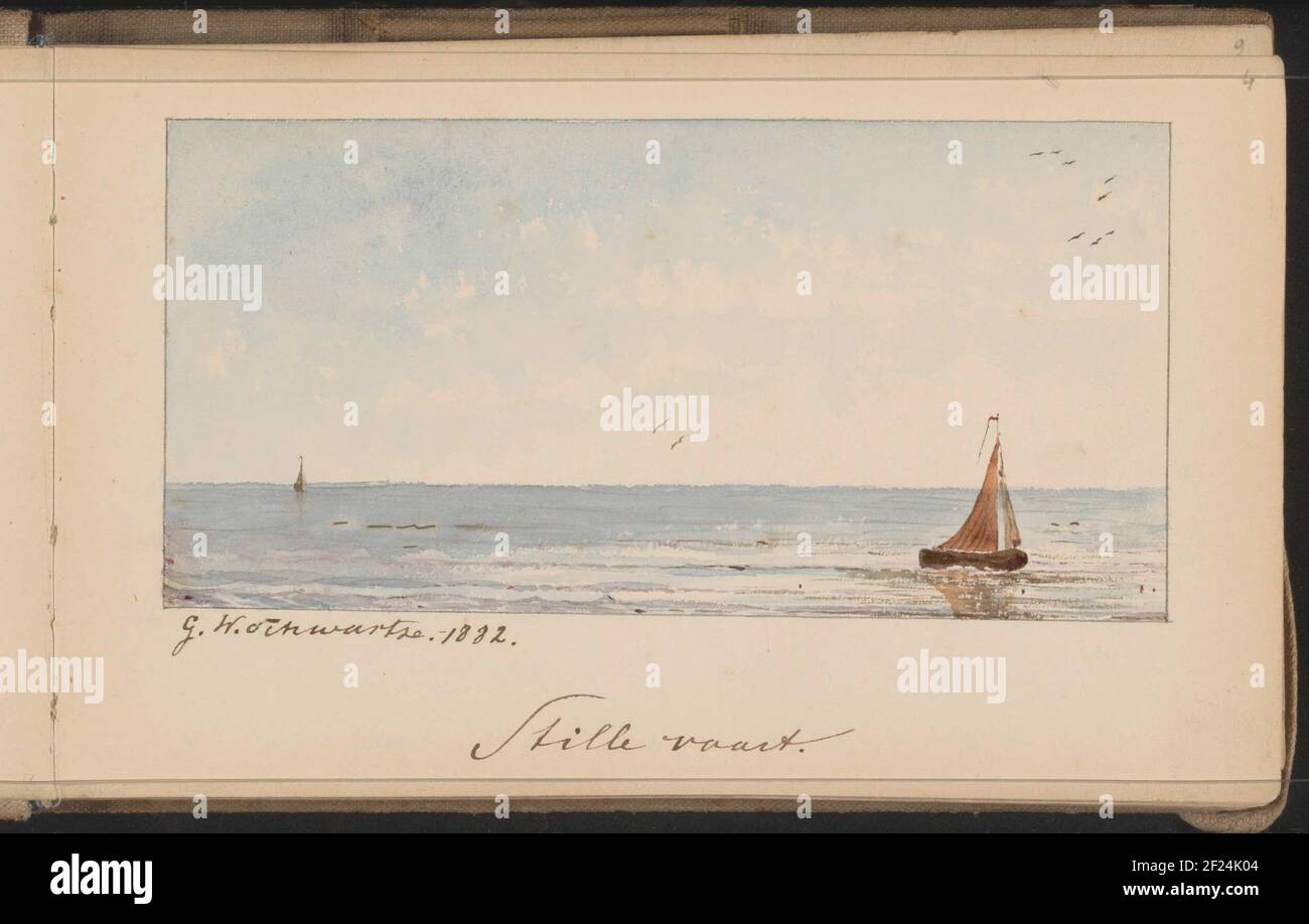 Calm sea with sailing ships; Silent speed..Drawing in a frame. Leaf 4 ...