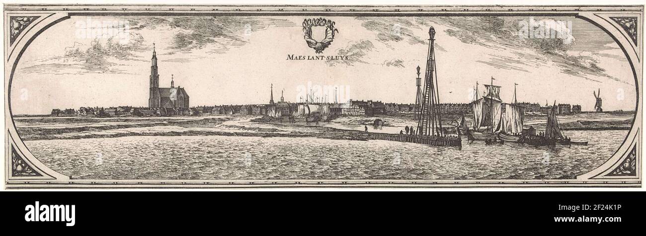 View of Maassluis seen from the water. On the left the great church ...