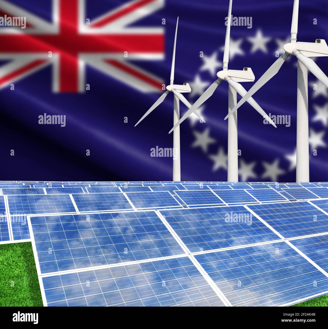 Solar panels on the background with the flag of Cook Islands and Wind ...