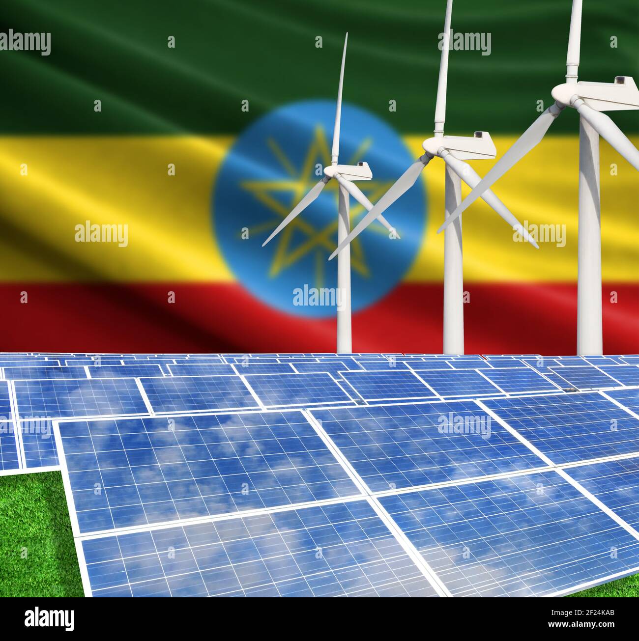 Solar panels on the background with the flag of Ethiopia and Wind ...