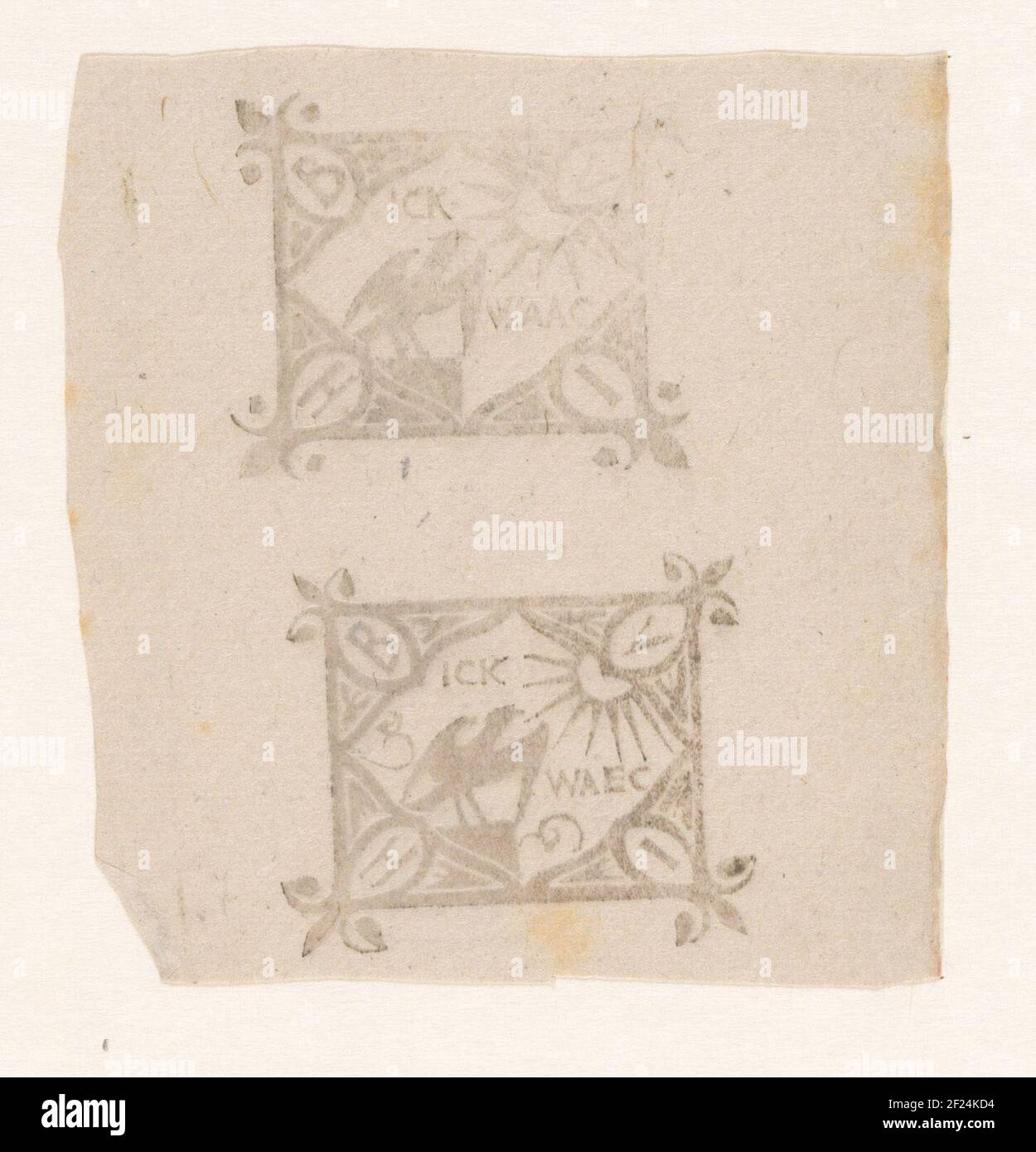 Two vignettes with a bird of prey staring to the sun. In the corners of ...