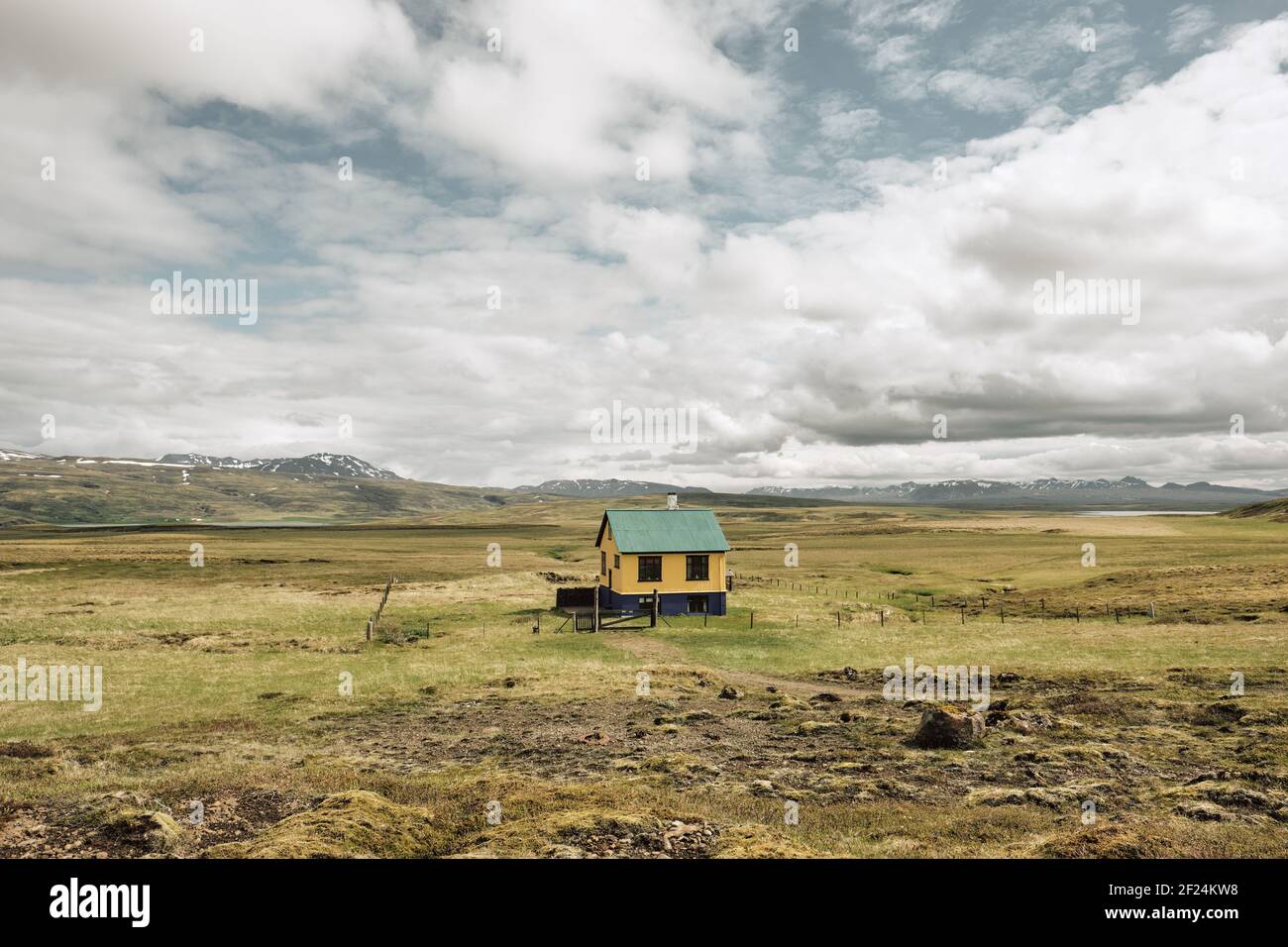 A remote colourful house in the empty Iceland wilderness landscape - no ...