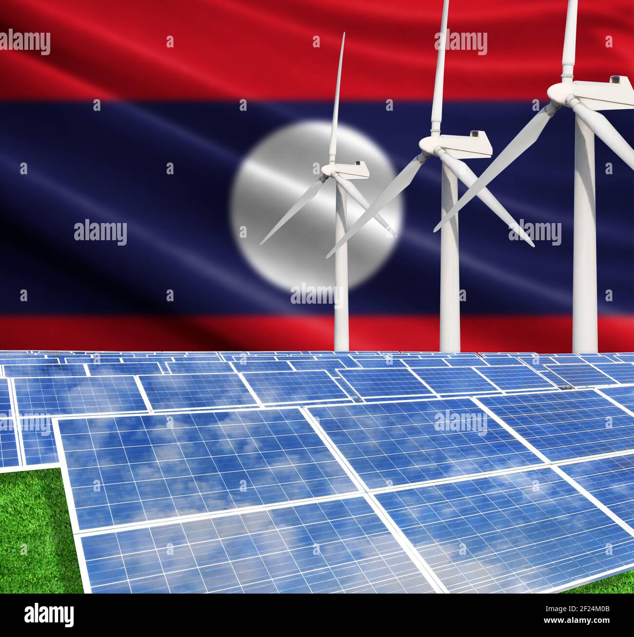 Solar panels on the background with the flag of Laos and Wind Turbine ...