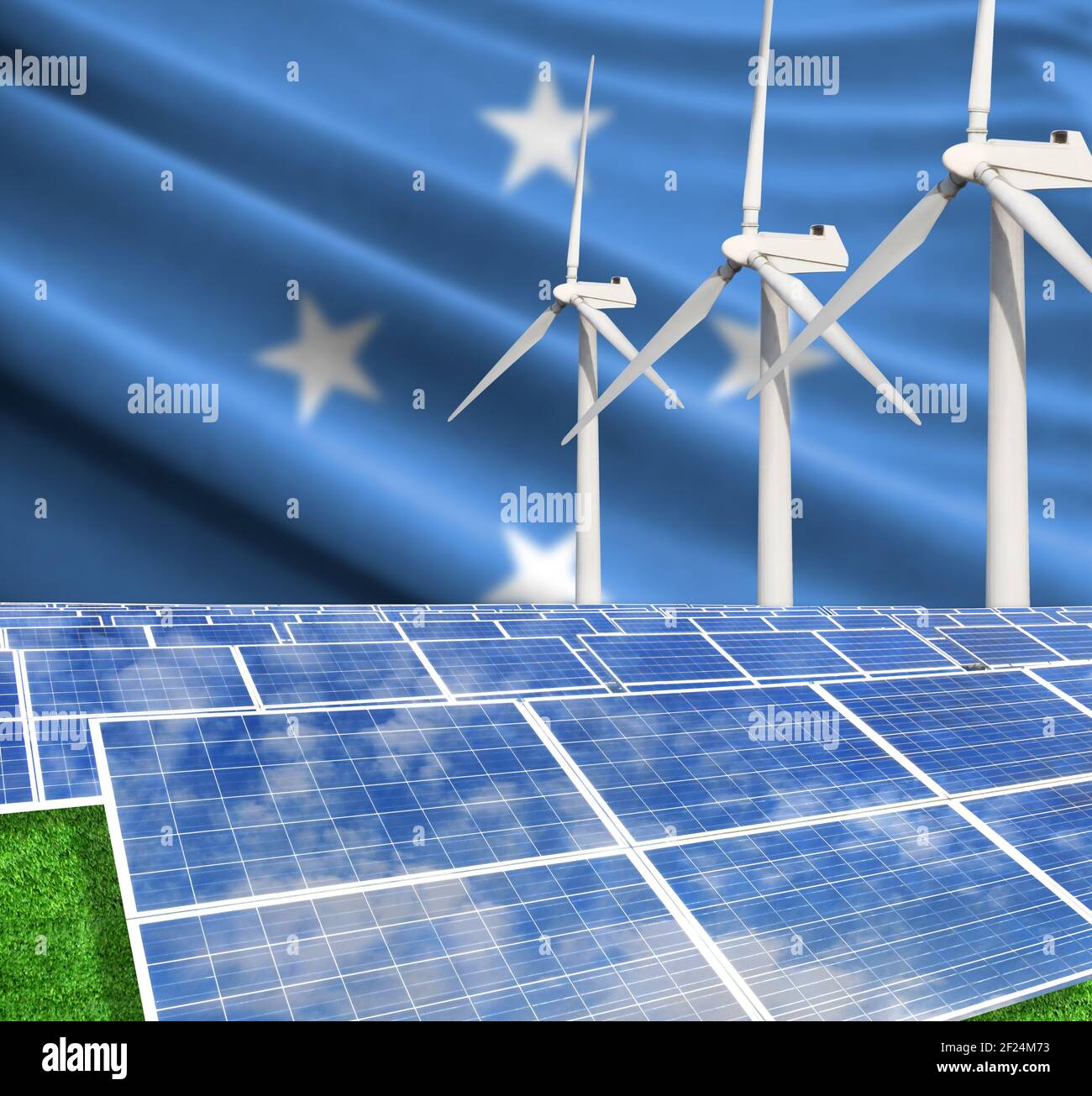 Solar panels on the background with the flag of Micronesia and Wind ...