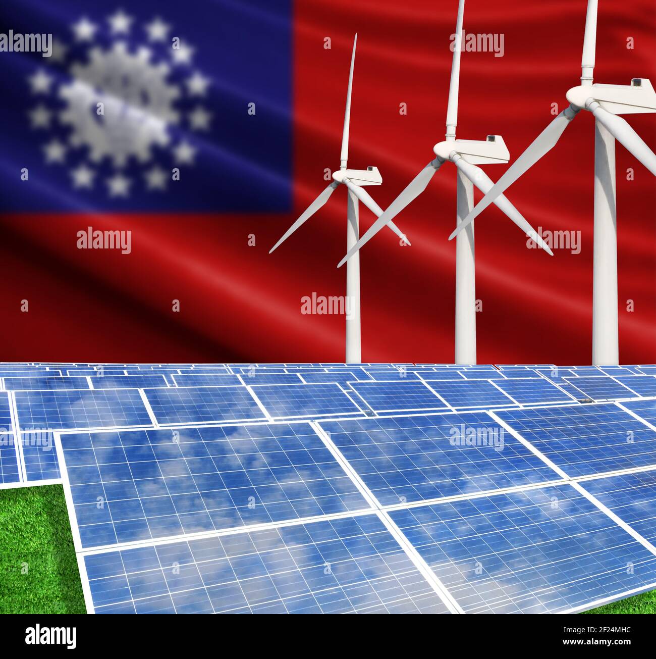 Solar panels on the background with the flag of Myanmar Burma and Wind ...