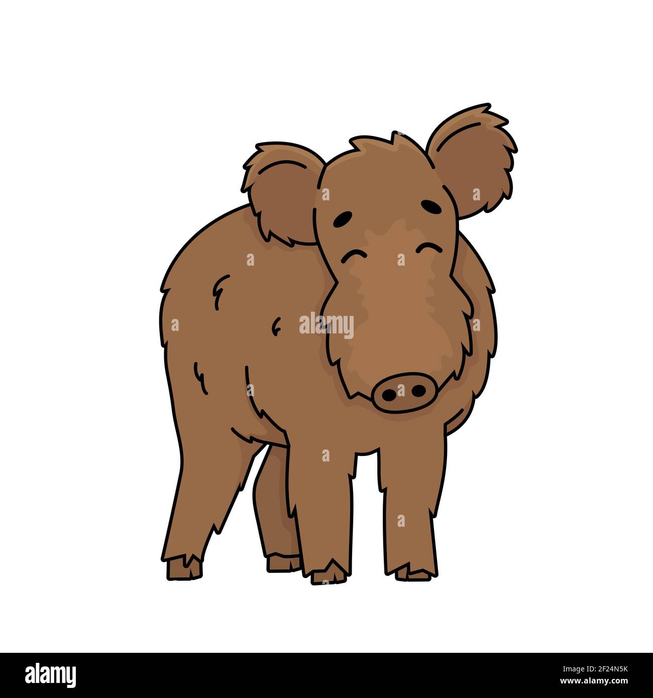Brown cute fluffy Vector outline cartoon boar male wild pig. Doodle ...