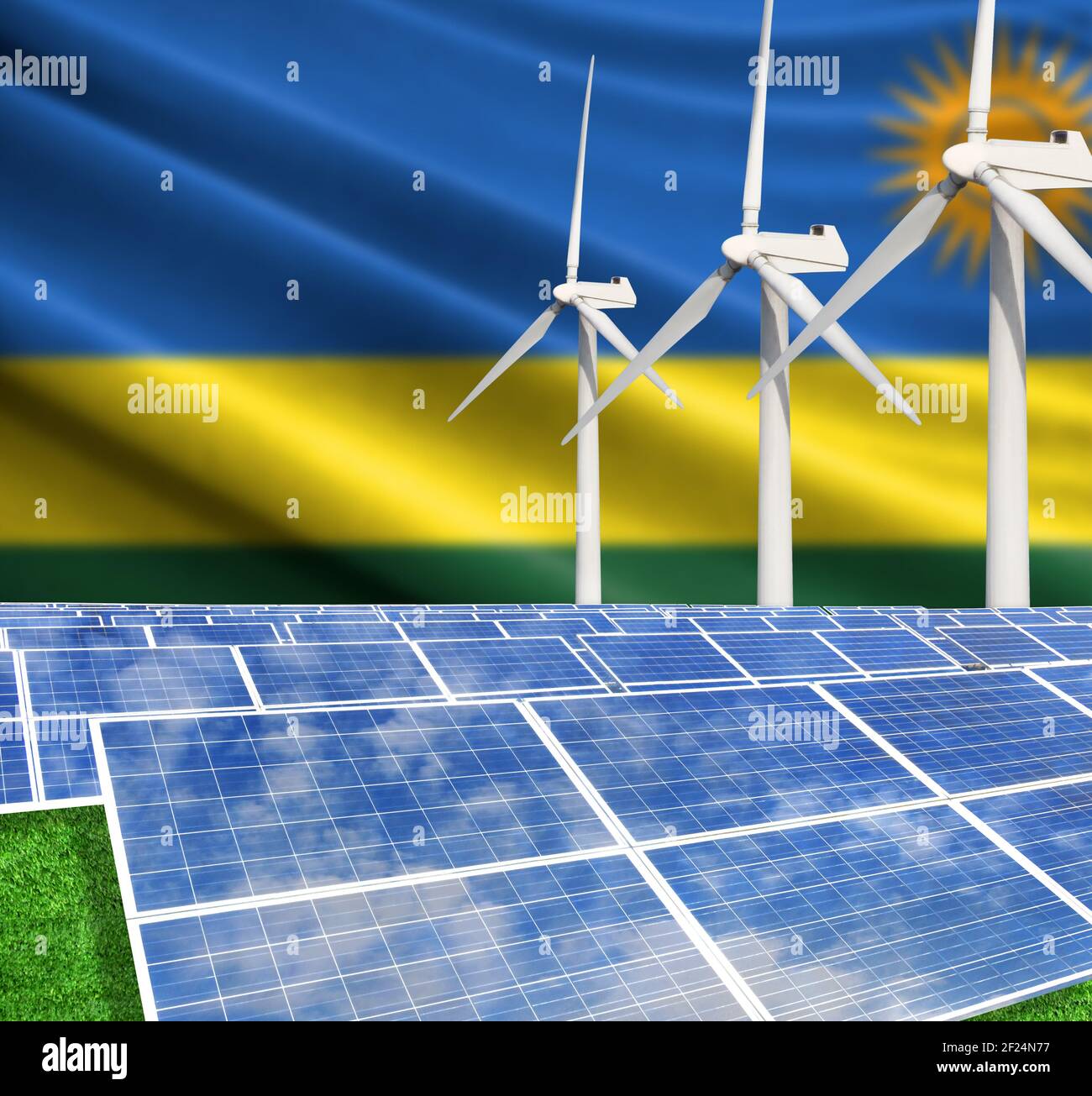 Solar panels on the background with the flag of Rwanda and Wind Turbine ...