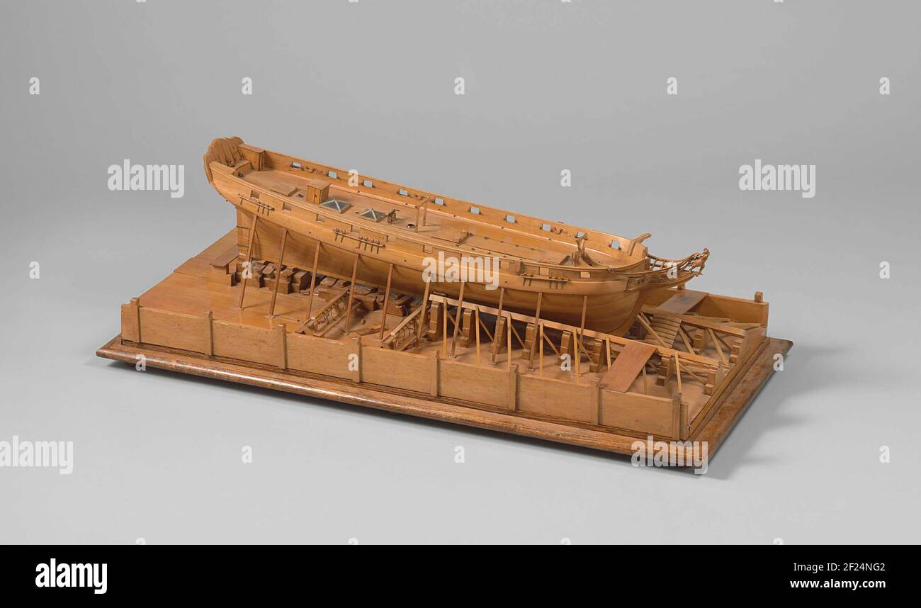 Model of a 20-gun corvette on a slipway.This model shows the hull of a ...